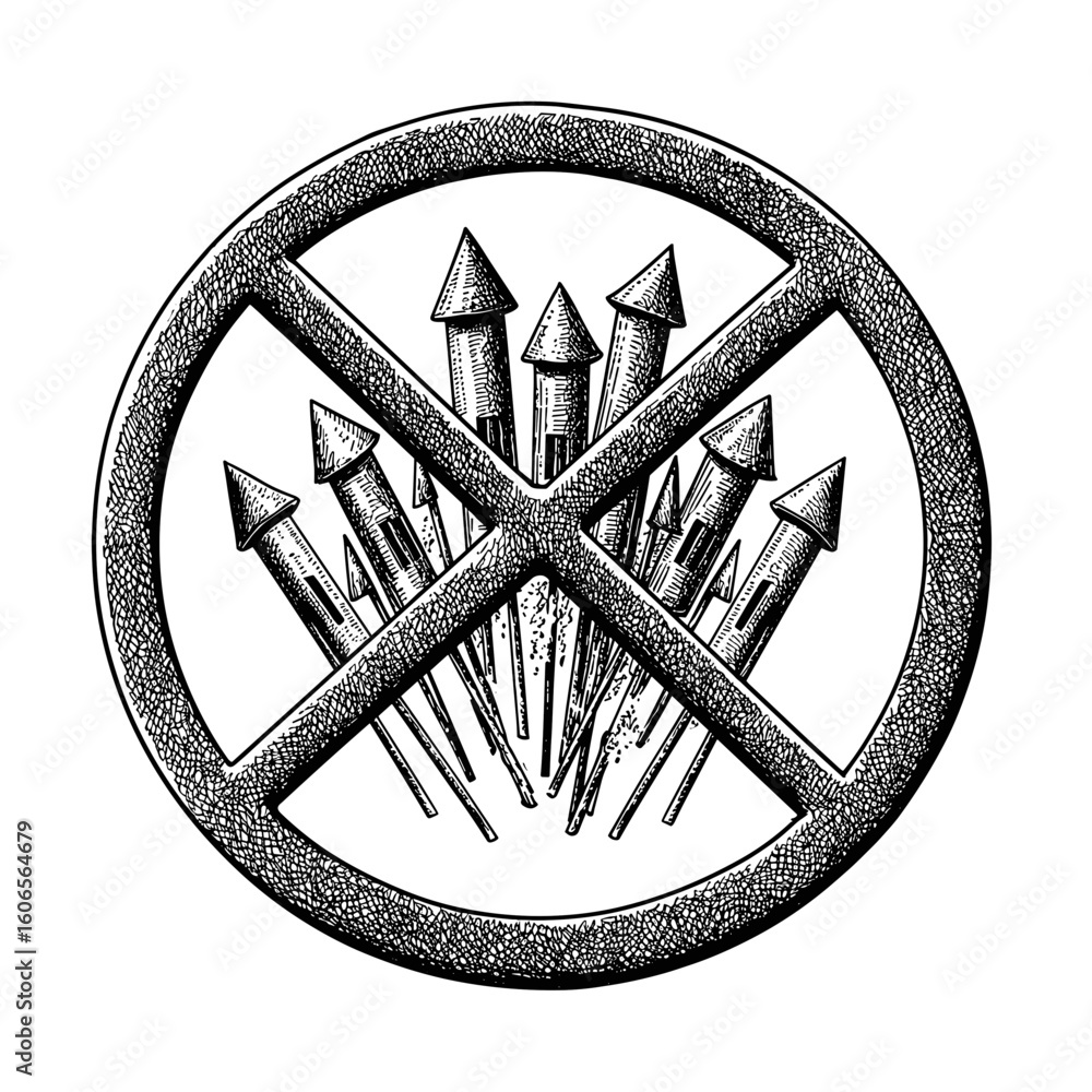 No fireworks symbol with crossed out arrows in monochrome design Stock ...