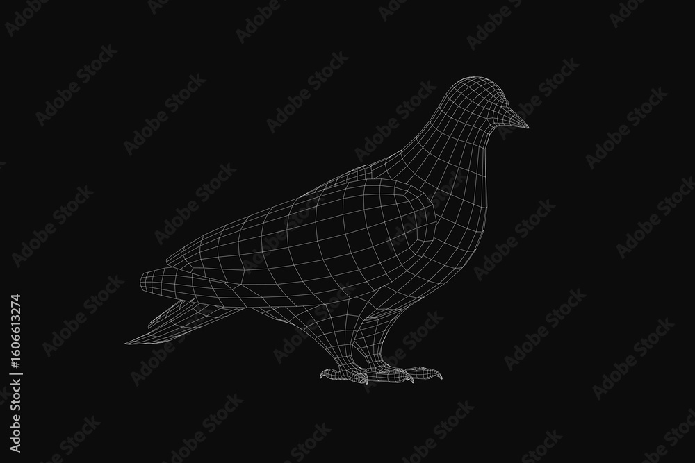 A 3D wireframe pigeon model stands on a black background with realistic ...