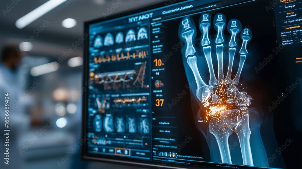 A medical professional studies an X-ray of a broken leg in an advanced ...