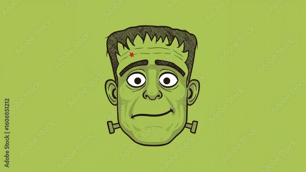 Depicting Frankenstein's monster head on light green backdrop, with ...