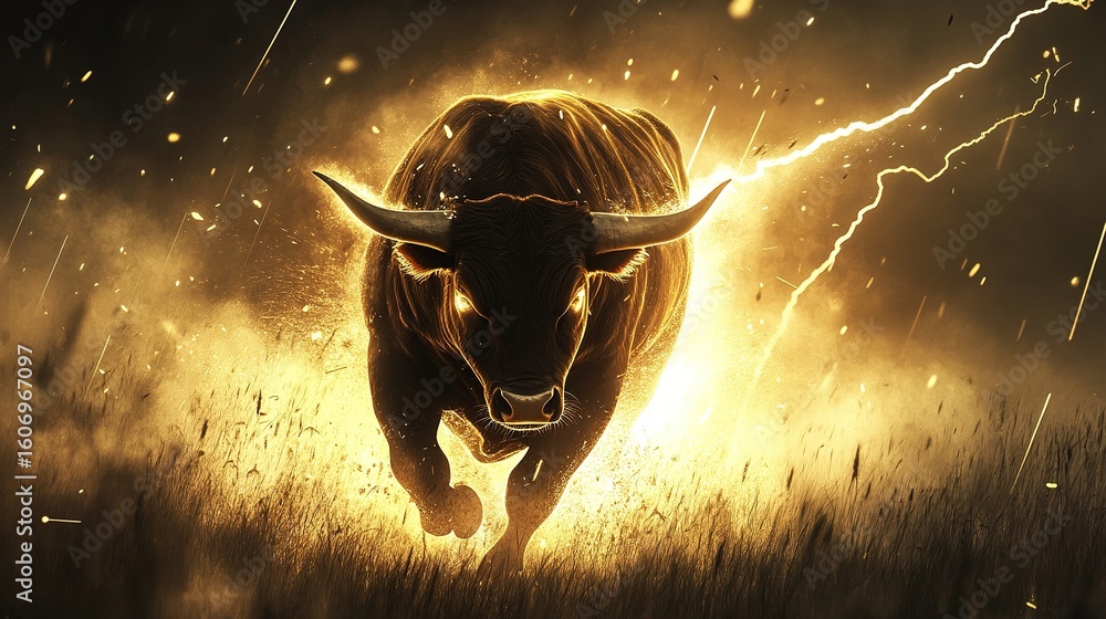 Fierce bull charging with glowing light streams tracing its path ...