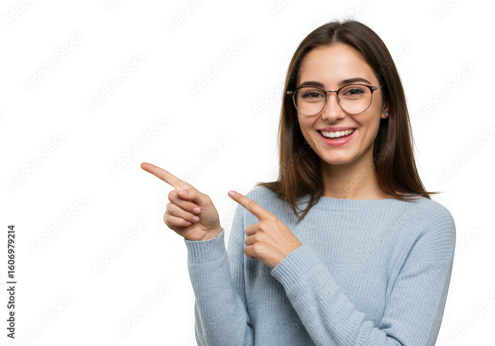 Smiling woman pointing to the left side on transparent background Stock ...