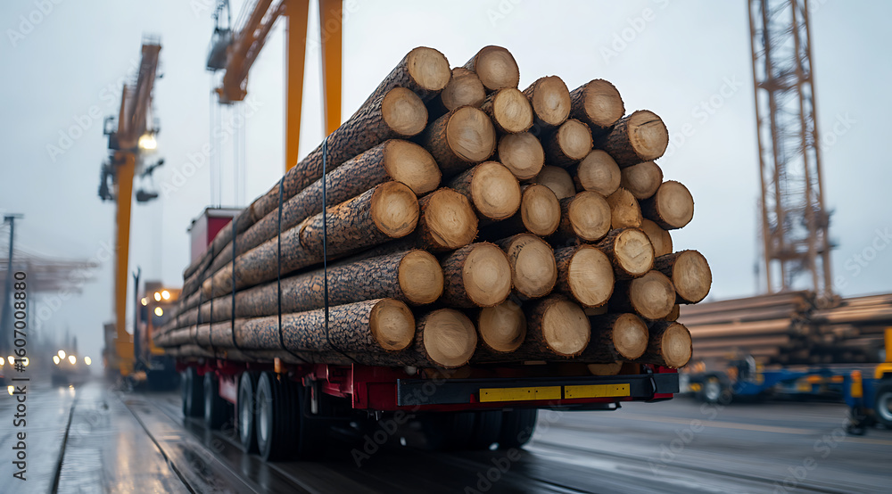 Loaded timber truck at an industrial site. Transport of raw wood ...