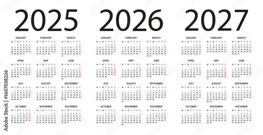 Calendar 2025, 2026, 2027 - illustration. Week starts on Monday ...