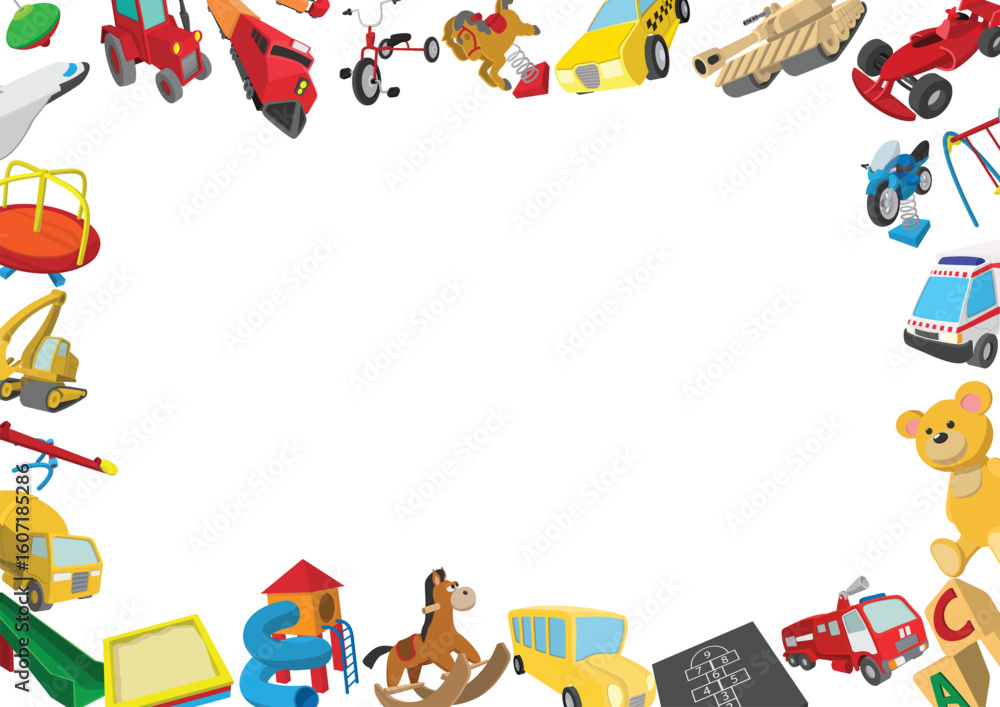 Different colorful cartoon toys creating a frame with empty space for ...