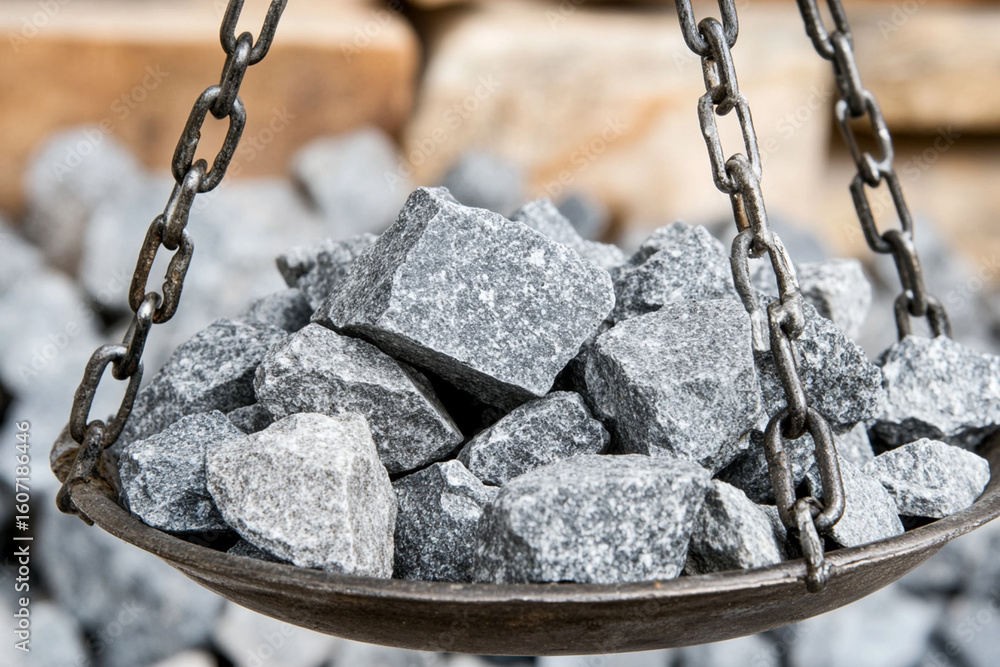 Weighing gray mineral rocks on a balance scale in a workshop Stock ...