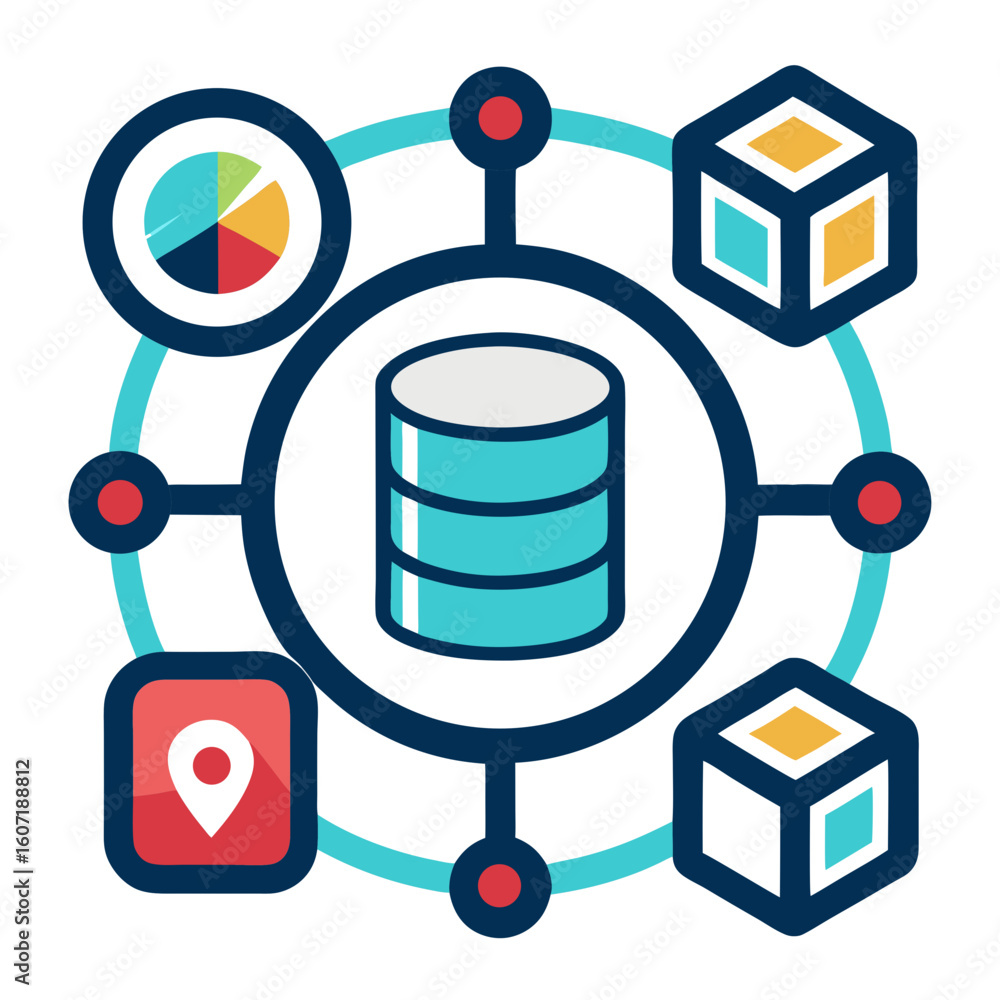Data Network and Connectivity Icon with Database Analytics Location and ...