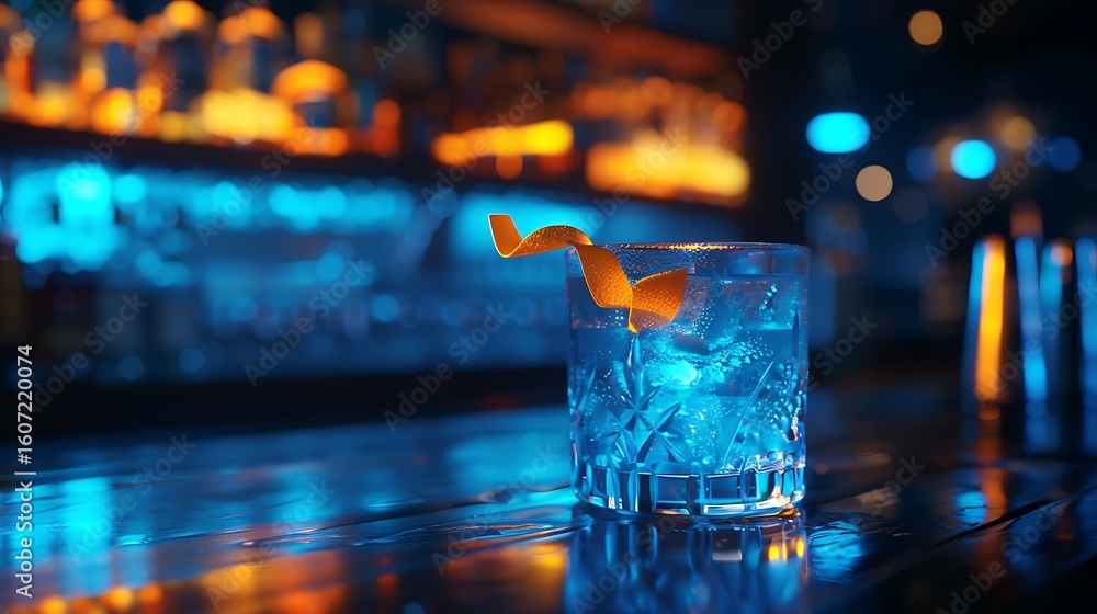 ultra-detailed 3D render of a transparent cocktail glass with neon-blue ...