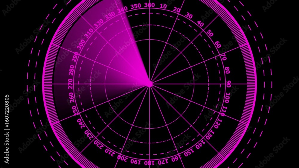 Pink radar screen with sweeping beam and degree markings Stock ...