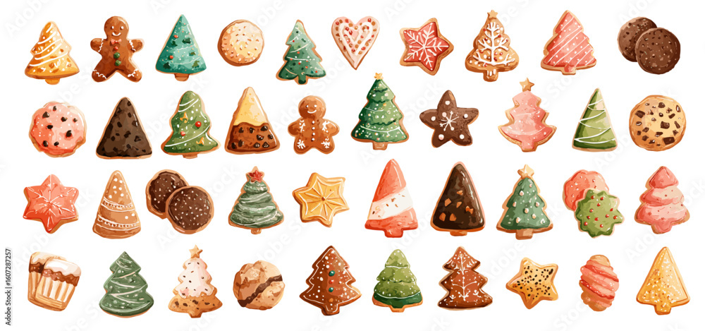Watercolor christmas cookie set. Gingerbread holiday sweet snack with ...