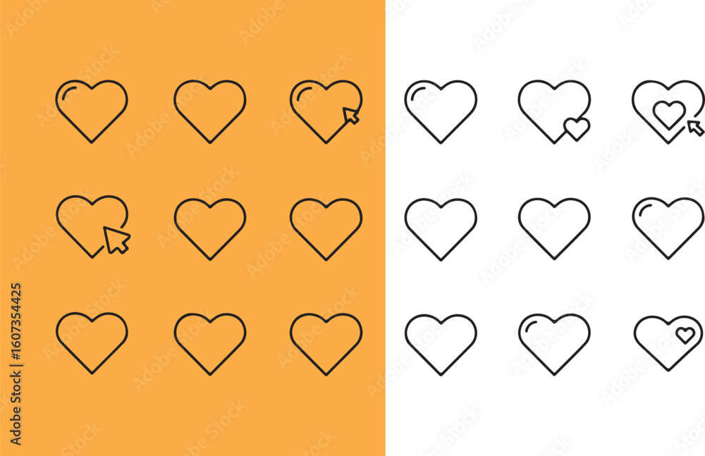 Heart icons with cursor and nested hearts on orange and white ...