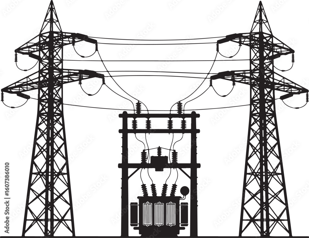Black silhouette of electrical transmission towers and transformer ...