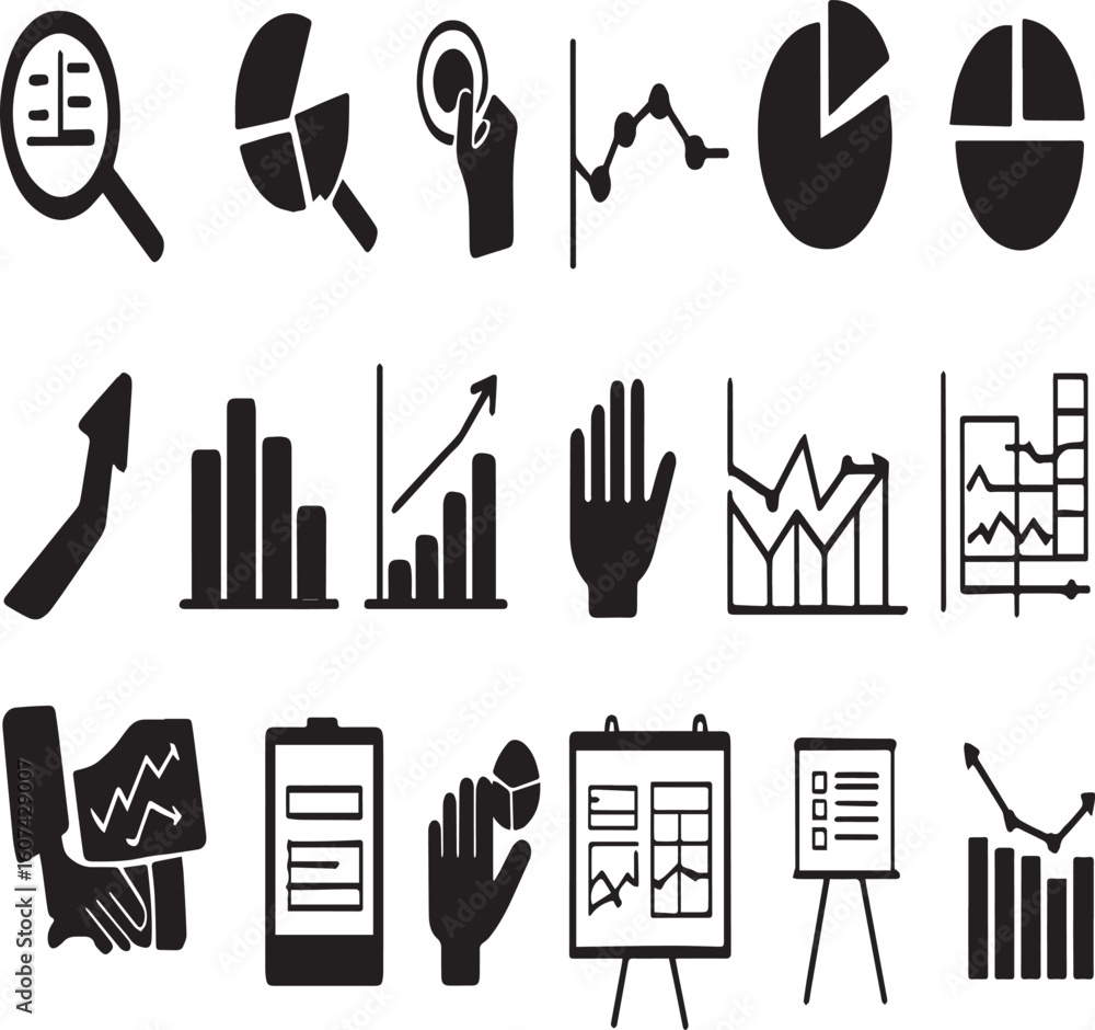 Data Analytics & Business Report Icons – Graphs, Charts, Magnifying ...