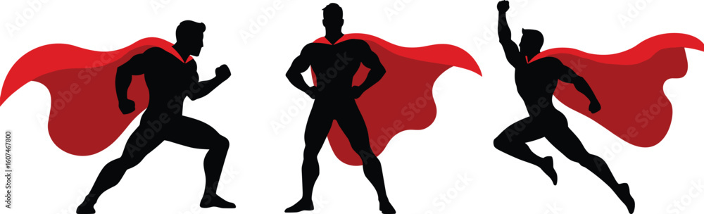 Superhero silhouette set, dynamic red cape figures, heroic action poses ...