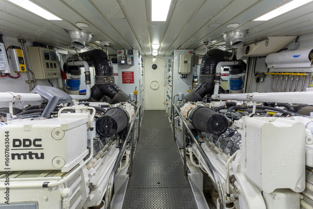 Interior view of a diesel engine room on a luxury motor yacht. Stock ...