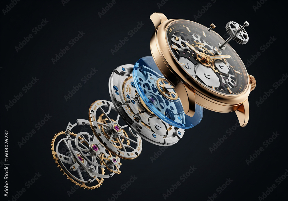 Exploded view of a luxury gold watch and its internal gears (generative ...