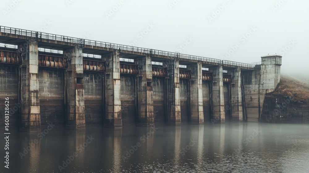 Large concrete dam structure with multiple spillway gates spanning a ...