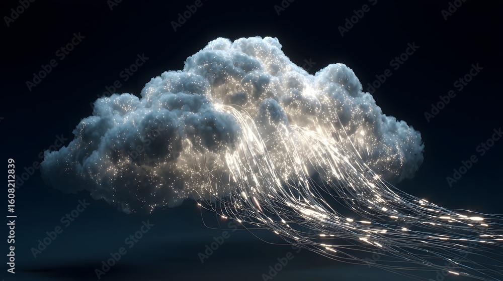 A visual metaphor for cloud computing, with streams of digital data ...