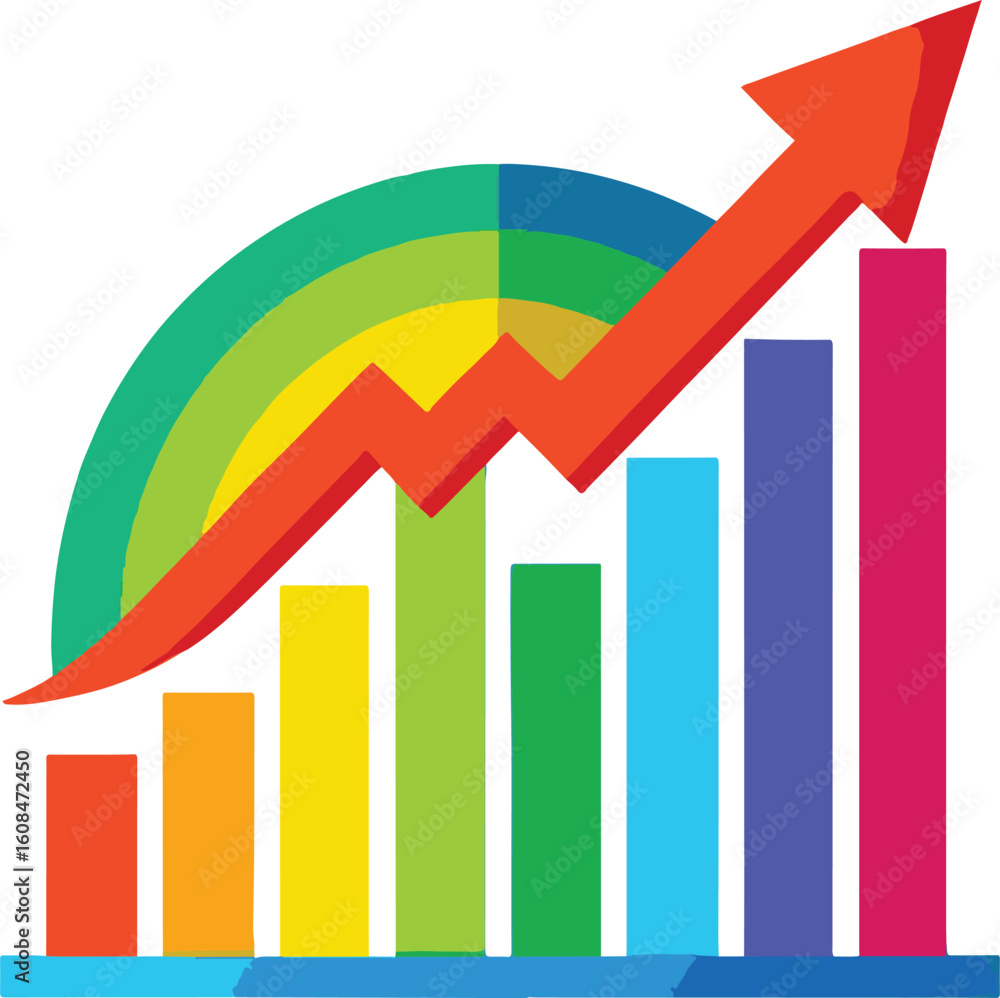 Colorful bar graph with upward trending red arrow and rainbow arc on ...