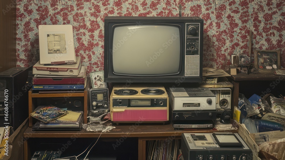 Overloaded shelf with old TV, tapes, devices, photo, & flowered ...