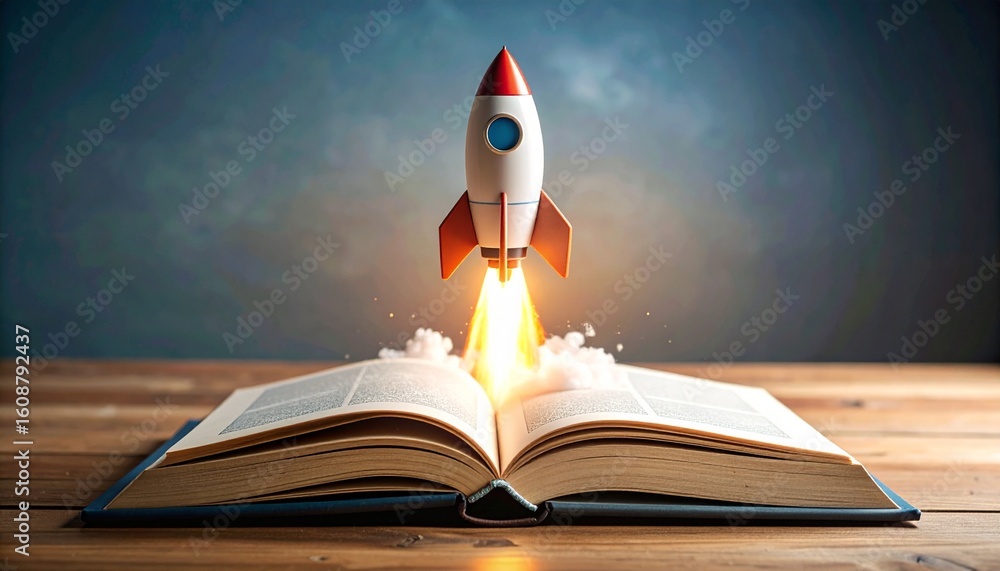 A rocket launching from an open book, symbolizing knowledge and ...