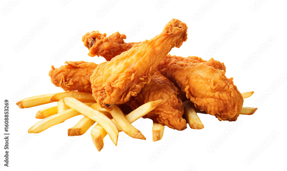 falling kfc style chicken legs and thighs with french fries Stock Photo ...