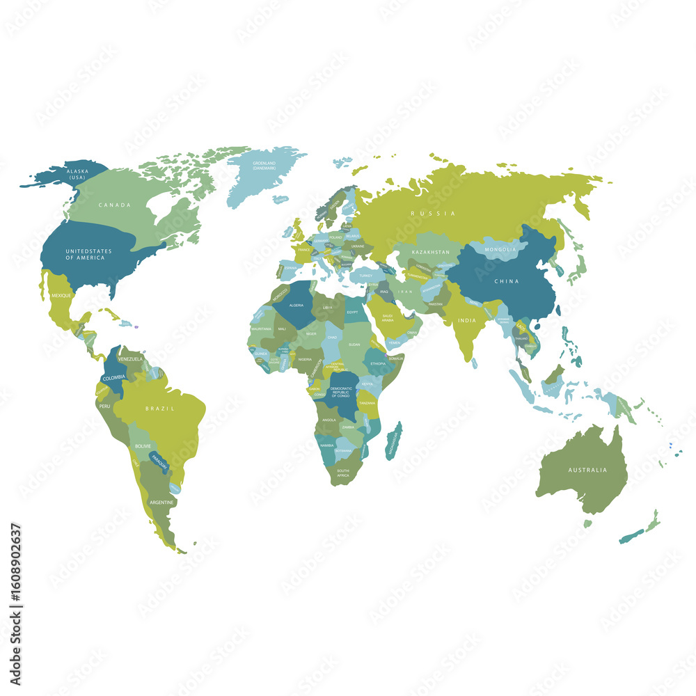 World map. Blue political map of the world cut out of paper on white ...