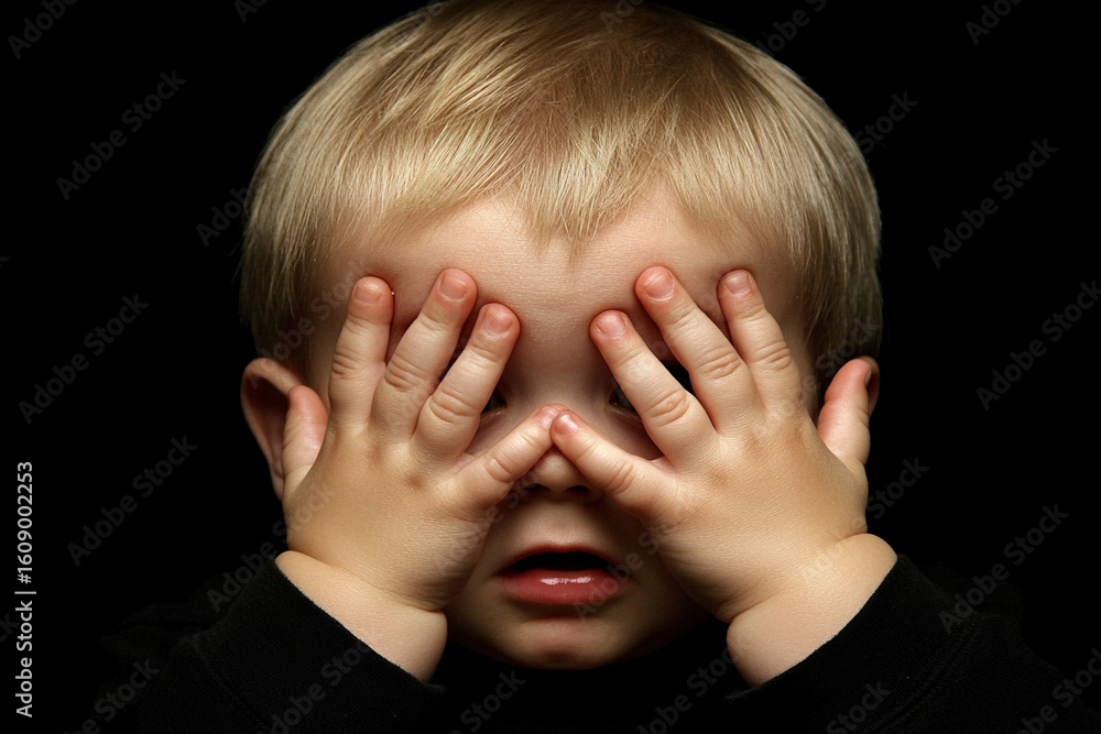 Child feels embarrassed with a shy expression in dark setting Stock ...