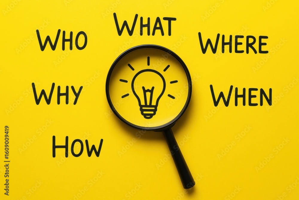 The Questions: A conceptual image with a magnifying glass over a light ...