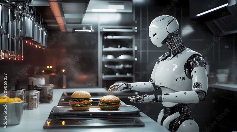 A robot in the kitchen is making a hamburger at the table. The concept ...