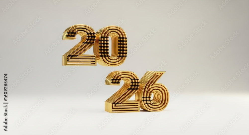 Golden 2026 year, Shiny Metallic Numbers, Horizontal Lines, Golden ...
