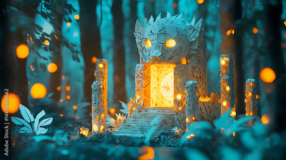 Mystical concept of an ancient altar with glowing eyes and entrance in ...