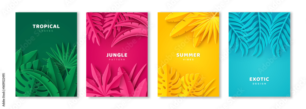 Tropical leaves floral poster design template, summer wallpaper palm ...