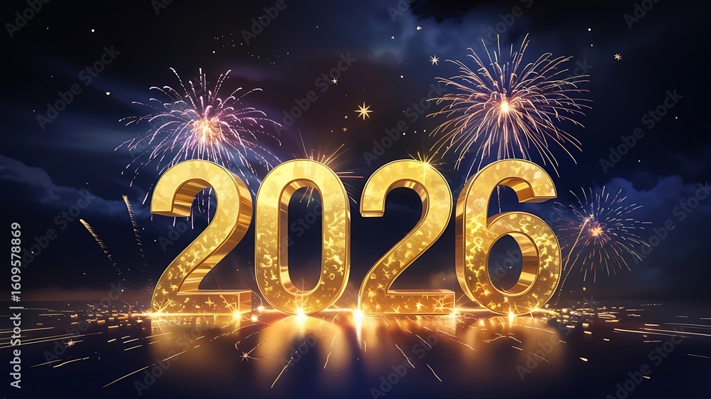 Golden 2026 numbers illuminated with sparkling lights and celebratory ...
