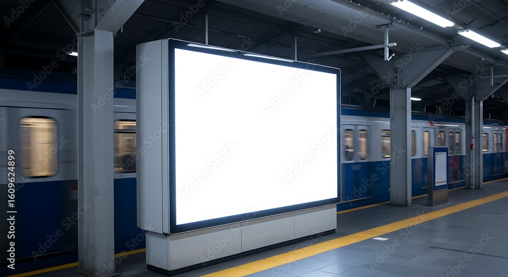 Large Blank Digital Billboard on Train Platform Wall with Arriving ...