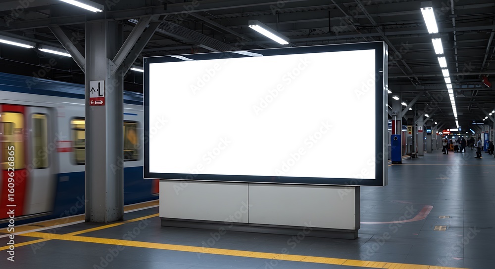 Large Blank Digital Billboard on Train Platform Wall with Arriving ...