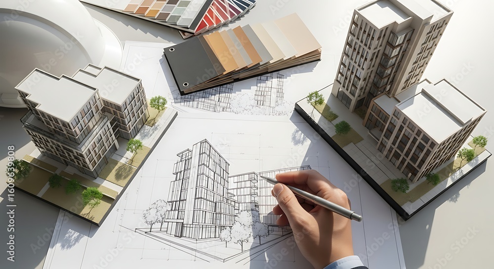 Architectural Design Process Featuring Building Models Blueprint and ...