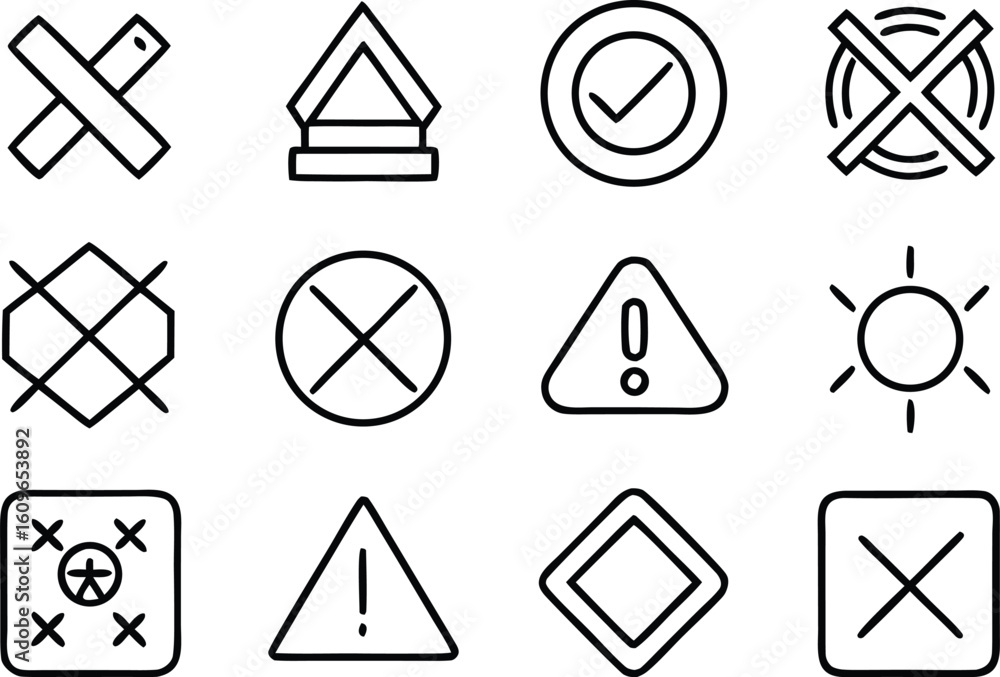 Collection of hand drawn warning and prohibition symbols isolated on ...