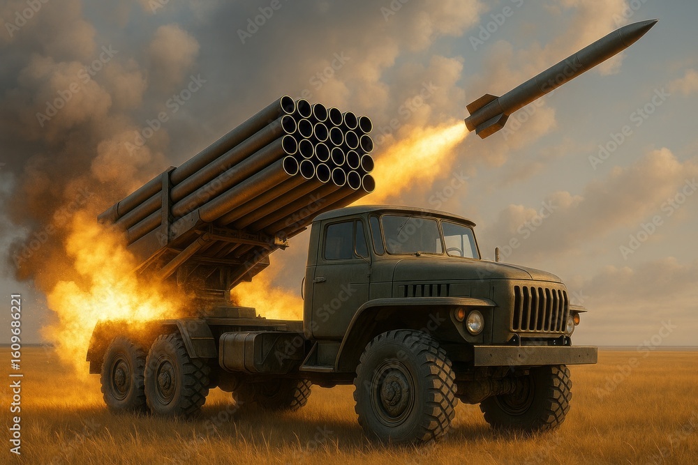 Military rocket launcher truck firing missile in field with smoke and ...