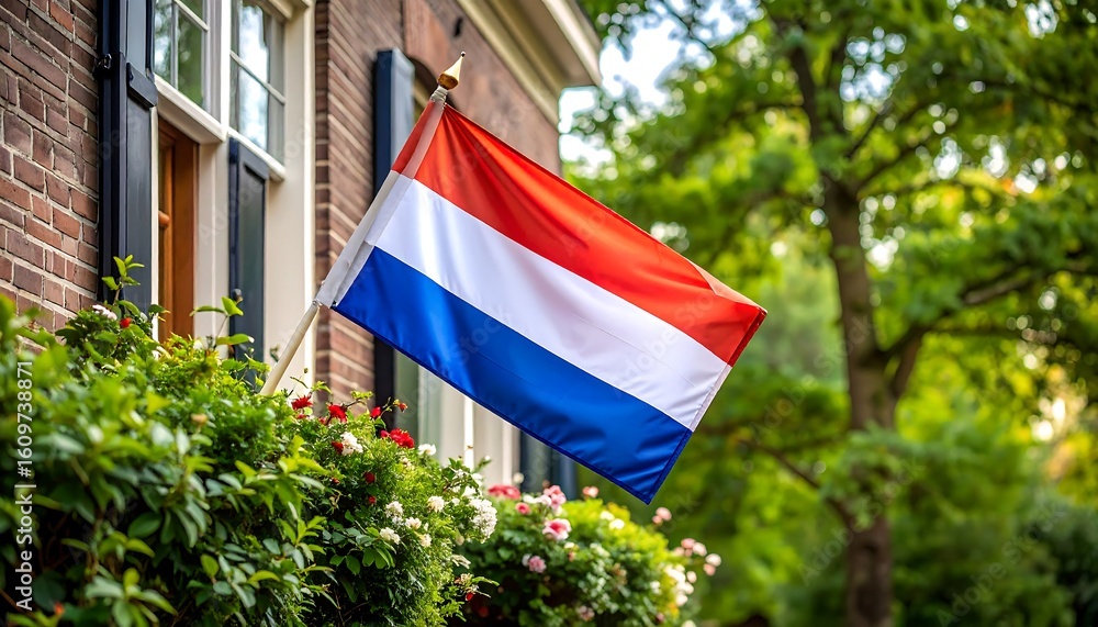 Dutch flag waving from a house facade Stock Photo | Adobe Stock