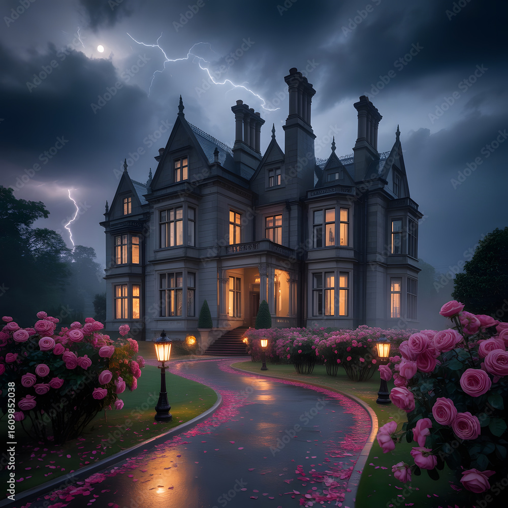 Gothic mansion with pink roses and lightning storm at night estate ...