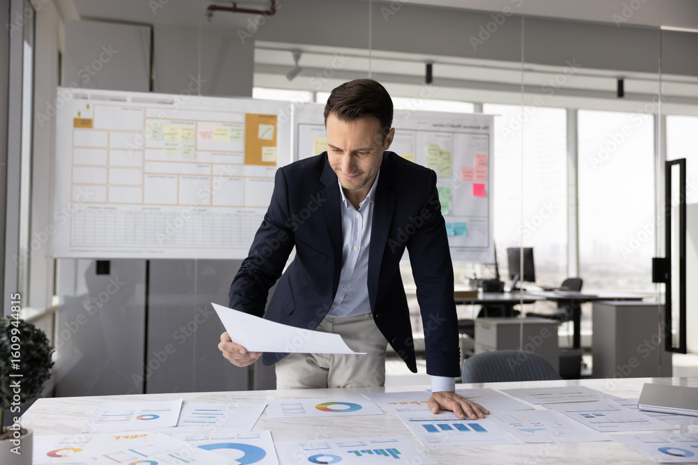 Smiling middle-aged professional business analyst working in boardroom ...