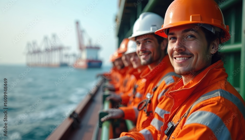 Photo Stock Diverse crew works on cargo ship deck, smiling in bright ...