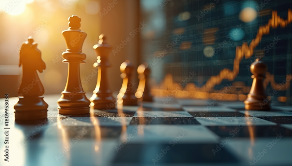 Chess pieces on board with financial graphs overlay. Business strategy ...