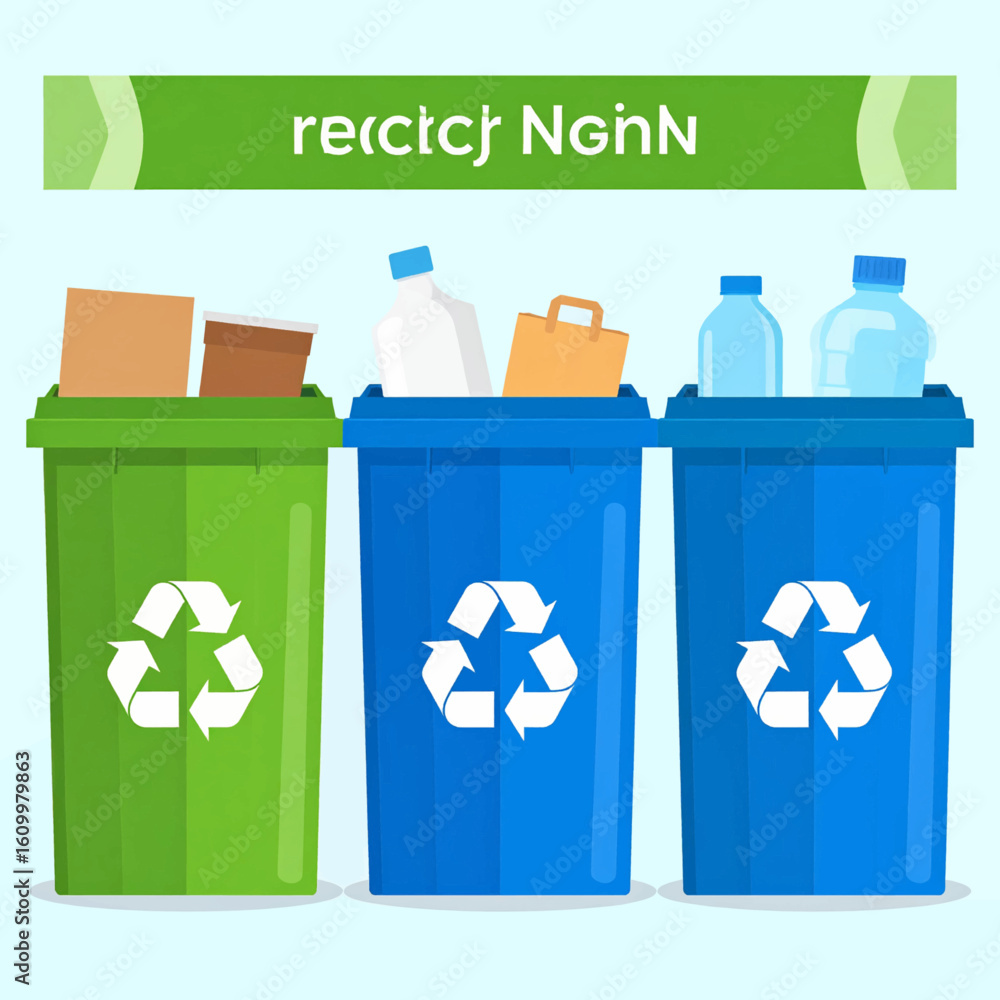 Three recycling bins, color-coded for different waste types, filled ...