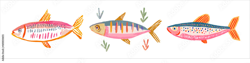Sardines . Amalfi. Colorful vector illustration of three sardines in ...