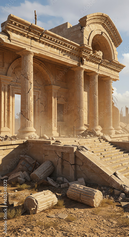 Ancient crumbling architecture with broken columns in a dusty ...