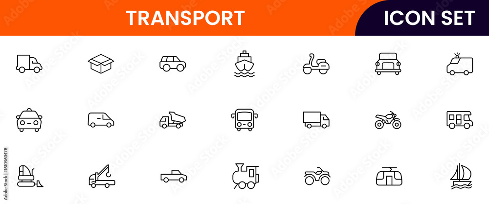 Transport vector line icons featuring cars, buses, trains, airplanes ...