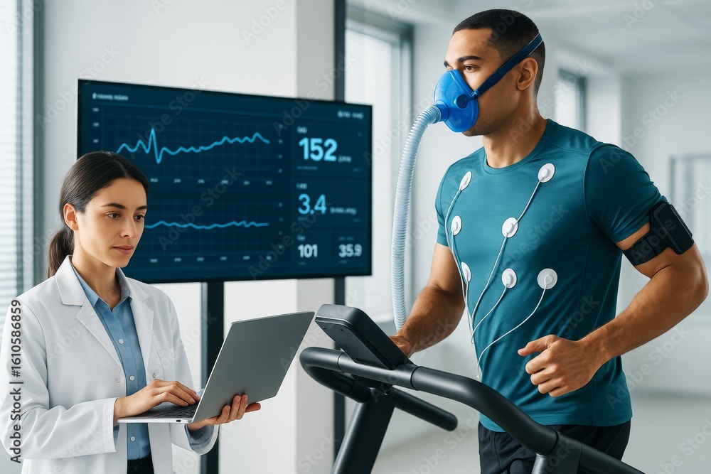 Male athlete running on treadmill with oxygen mask during ...