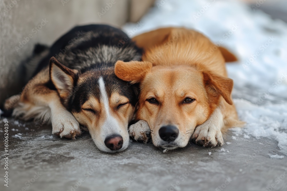 Cute dogs rest peacefully together during a winter walk on a snowy ...
